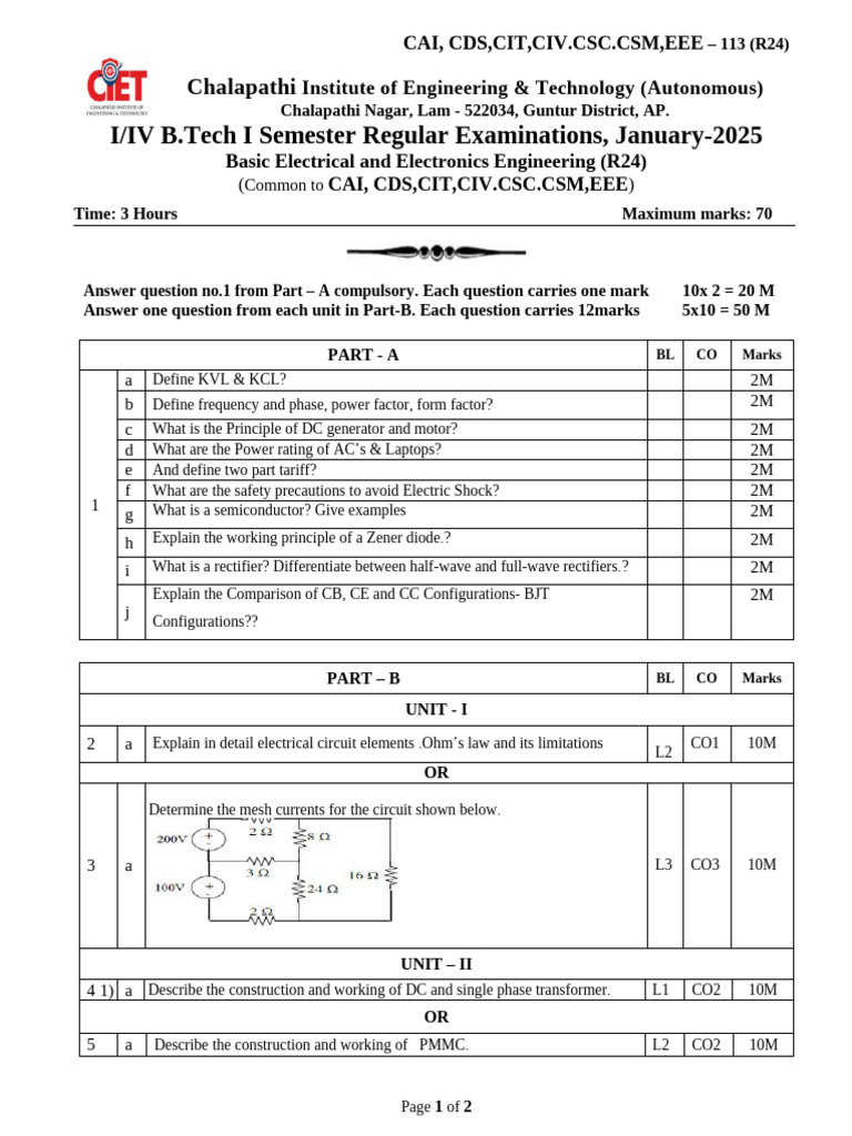 B.Tech Basic Electrical Exam Jan 2025 | PDF | Rectifier | Electronics