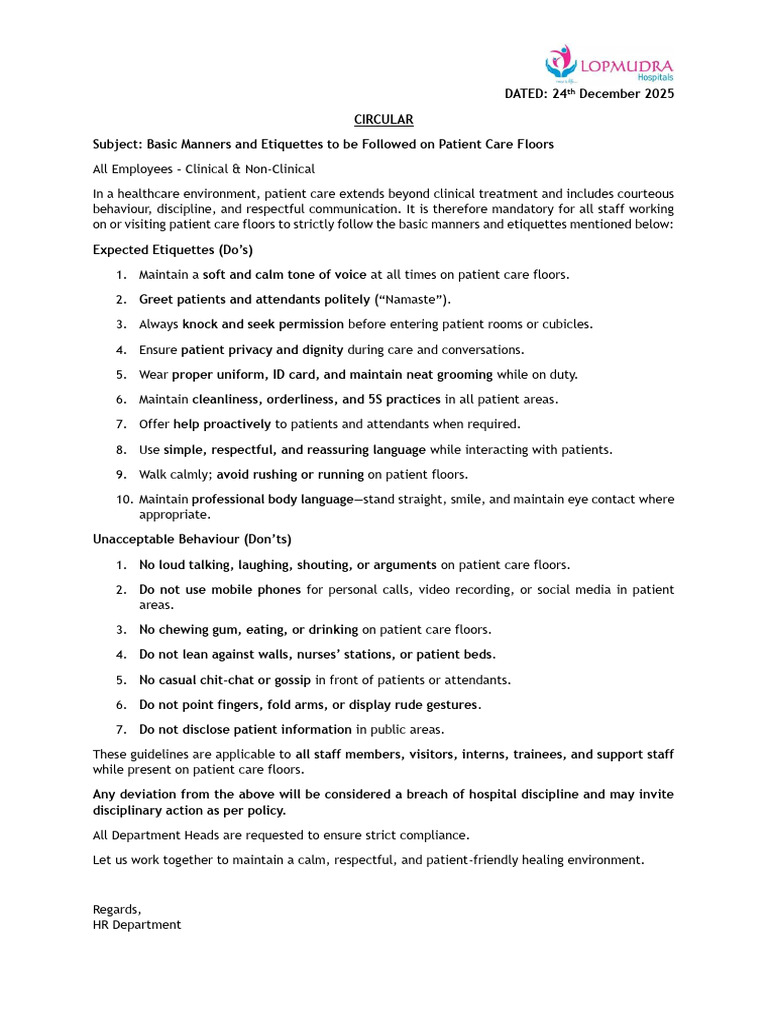 Patient Care Etiquette Guidelines | PDF