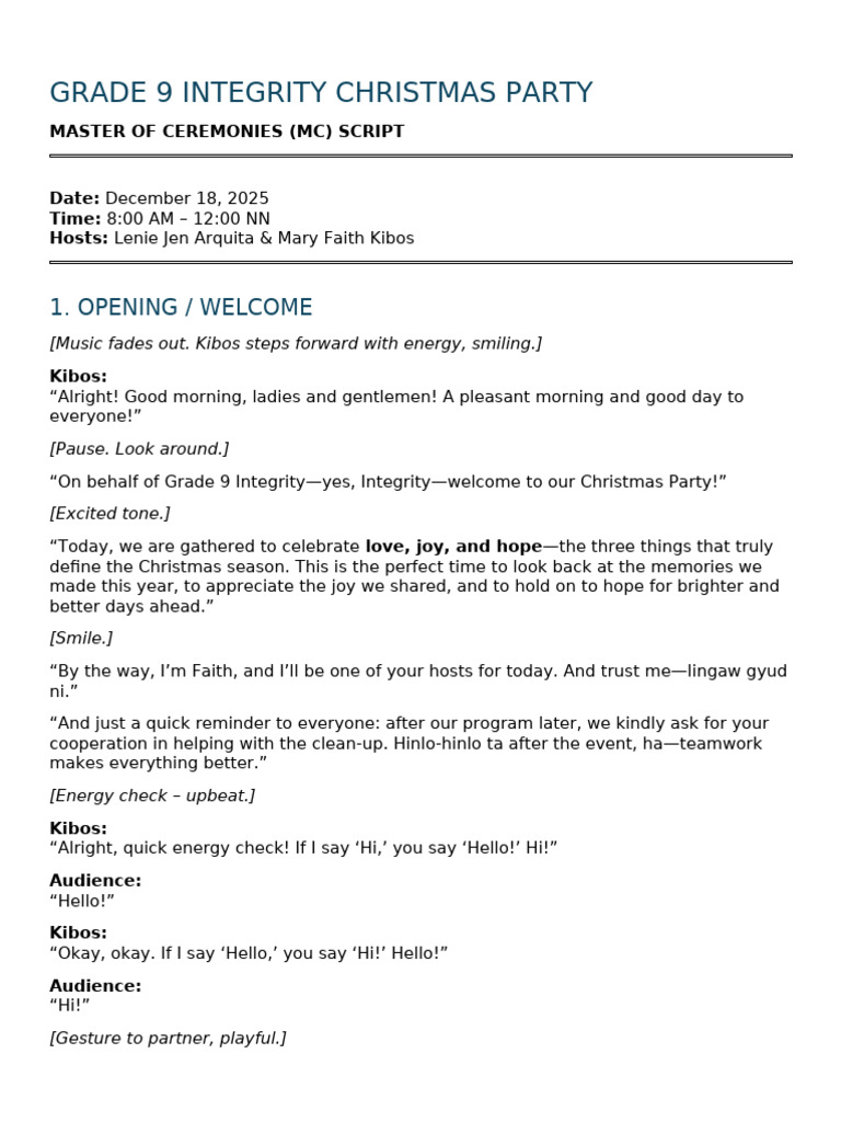 Grade 9 Integrity Christmas Party - MC Script | PDF