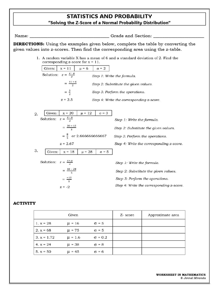 Z-Score Calculation Worksheet | PDF