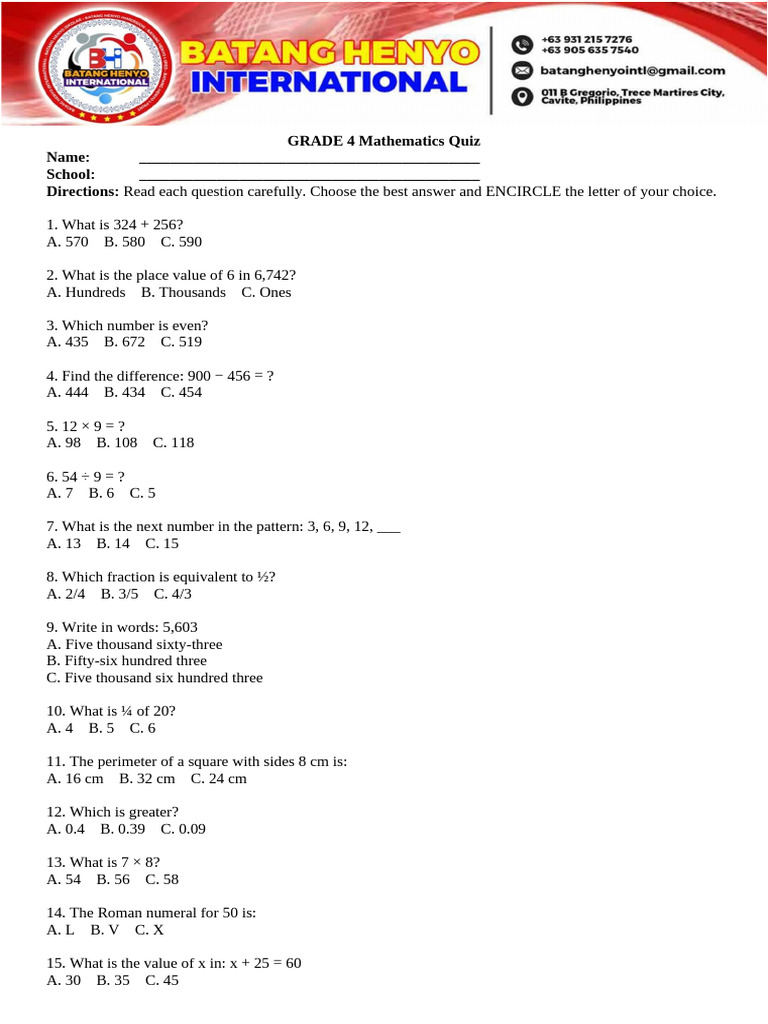 Grade 4-6 Math Quizzes with Answers | PDF | Area | Geometric Shapes
