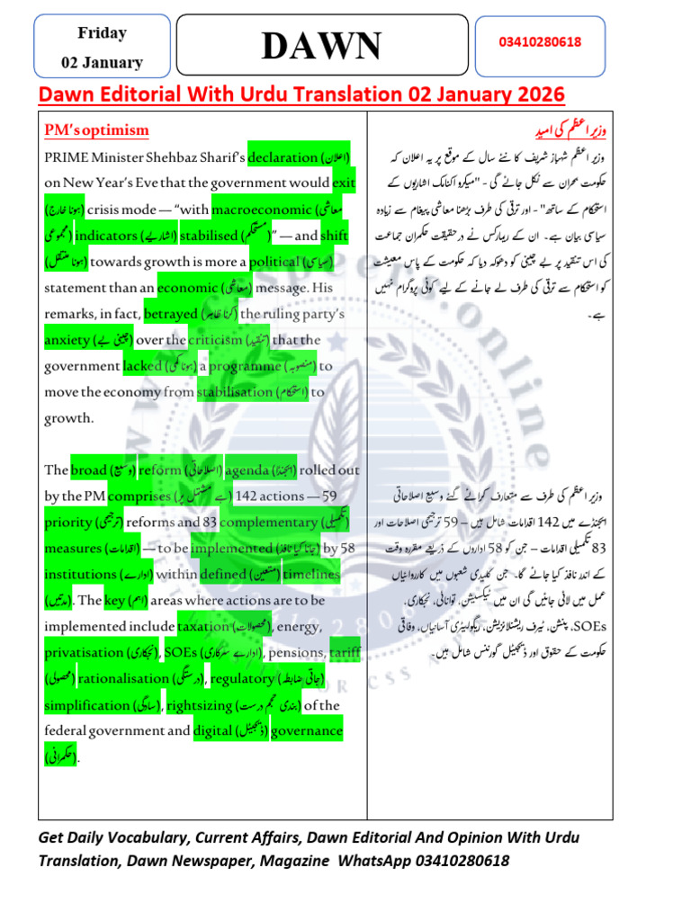 Jan 02 Dawn Editorial With Urdu Translation | PDF