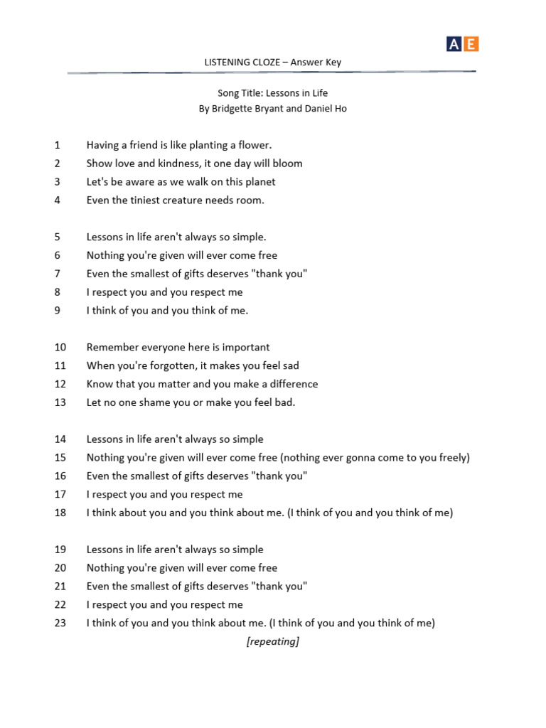 Listening Cloze Answer Key Lyrics | PDF