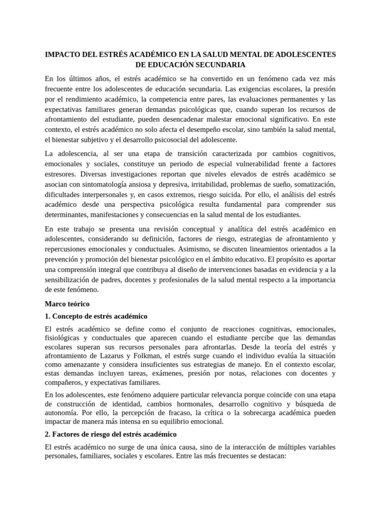 Estrés Académico y Salud Mental Adolescente | PDF | Estrés (biología ...