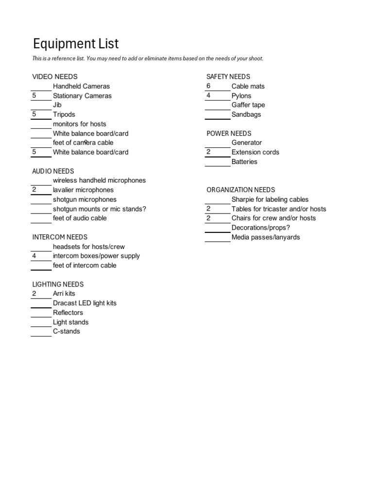Comprehensive Video Shoot Equipment List | PDF