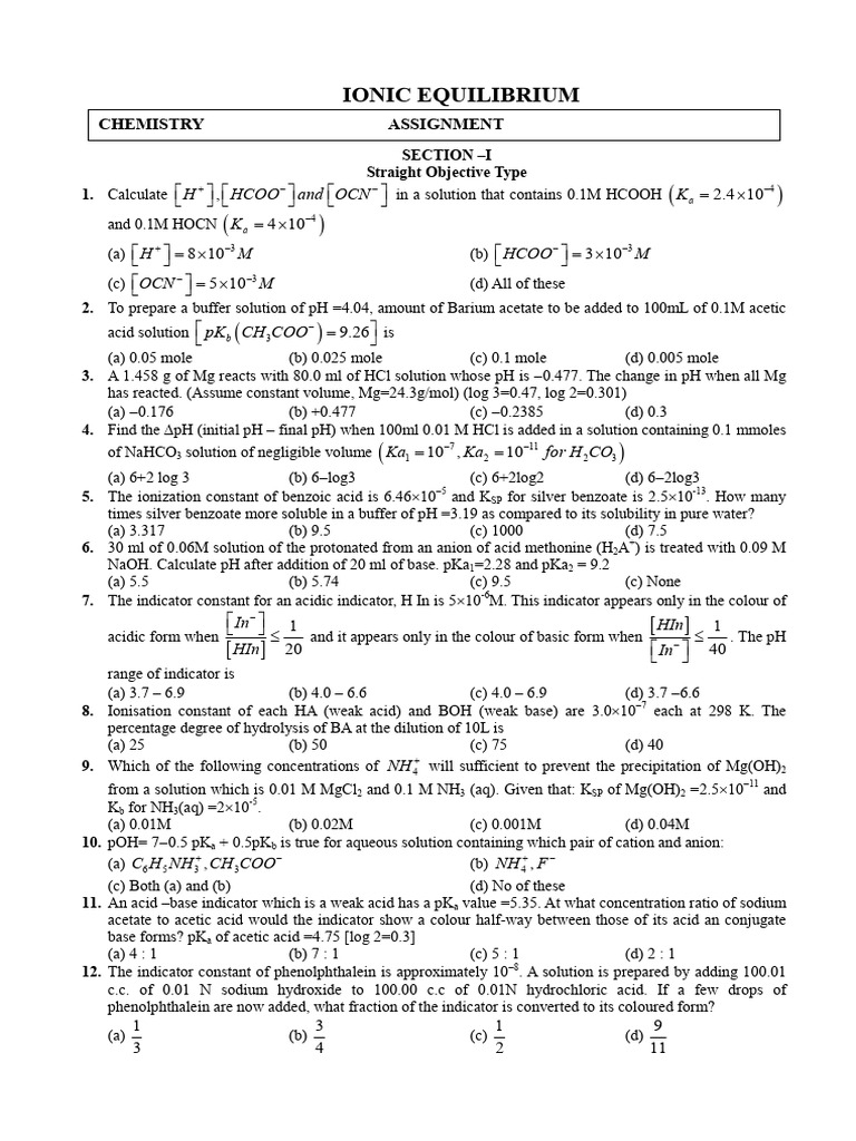 Ionic Equilibrium - (Question & Answer Key) | PDF | Acid | Acid ...