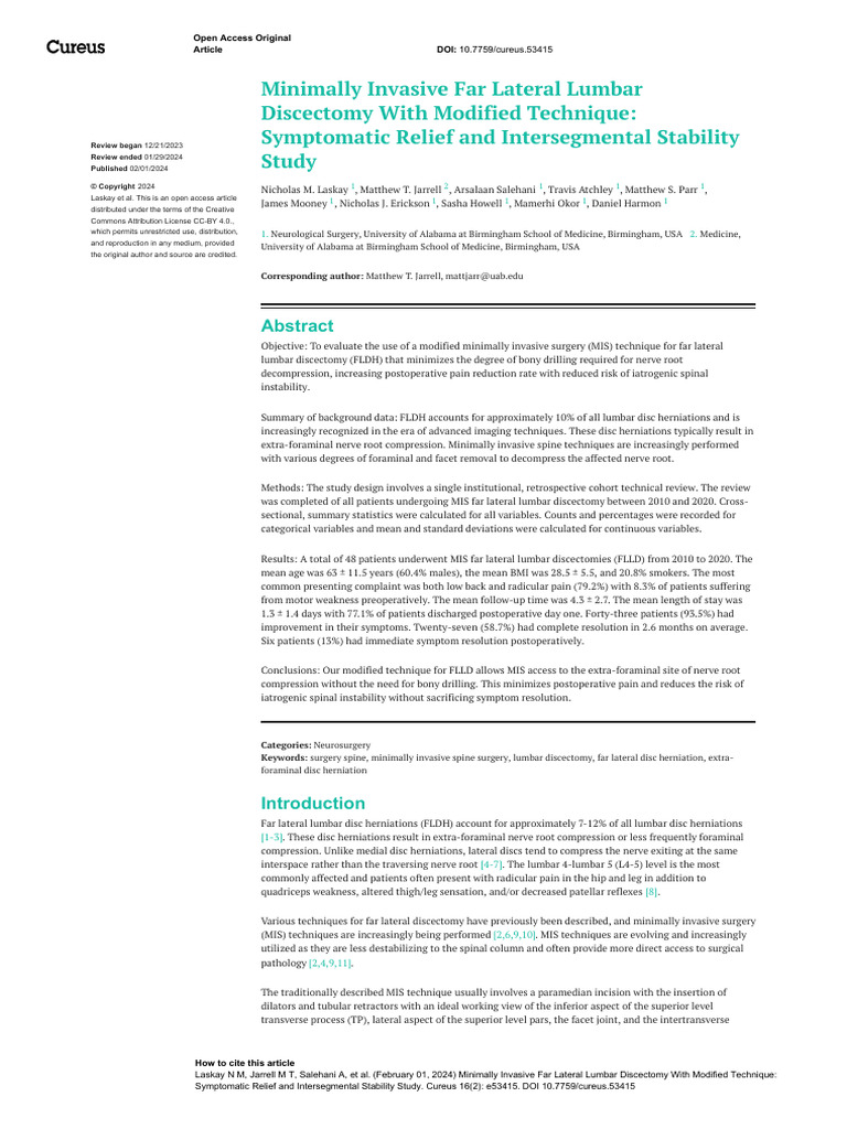 Modified MIS for Far Lateral Discectomy | PDF | Clinical Medicine ...