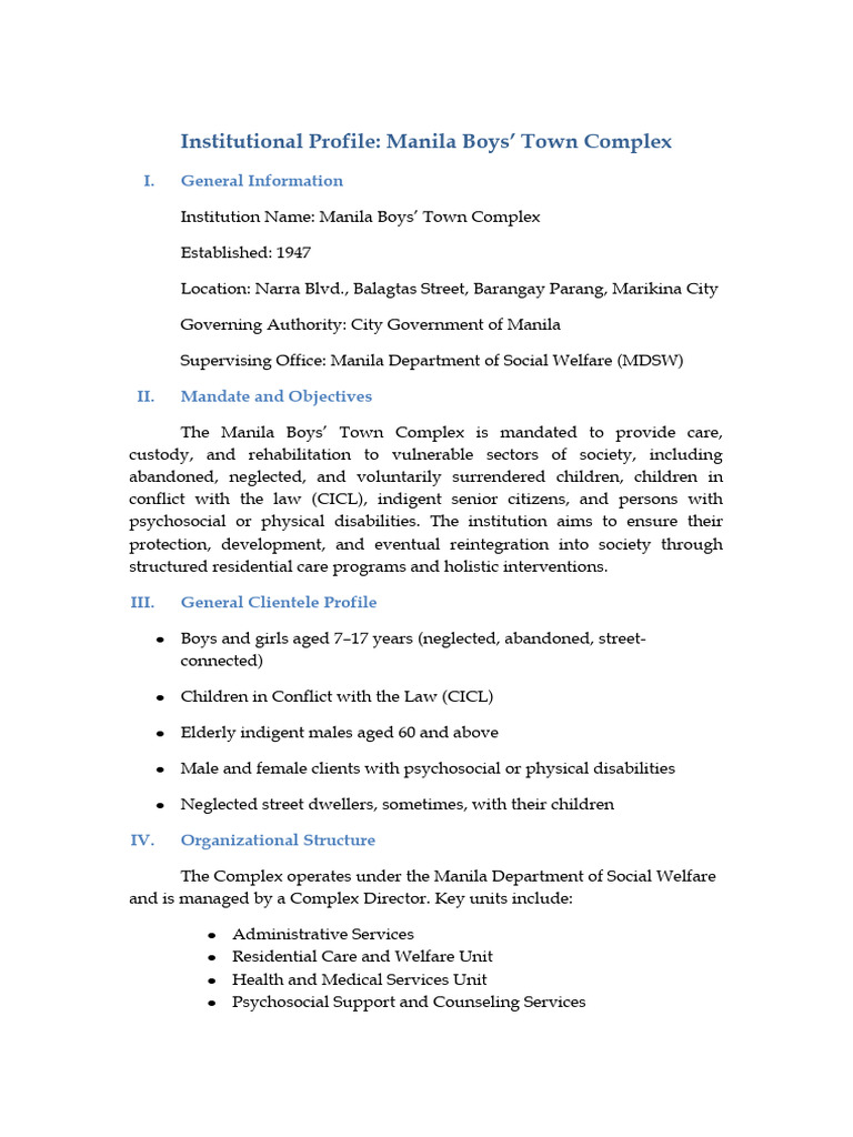 Manila Boys’ Town Complex Overview | PDF | Orphanage | Social Work