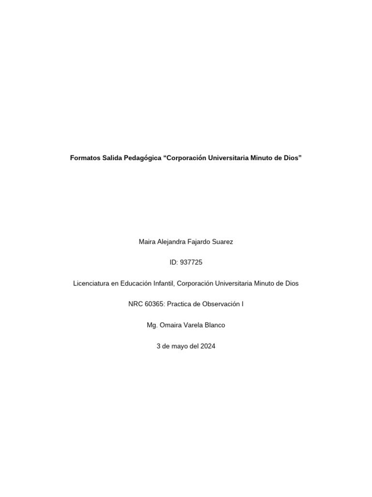 Formatos Salida Pedagógica Universidad Minuto de Dios. | PDF