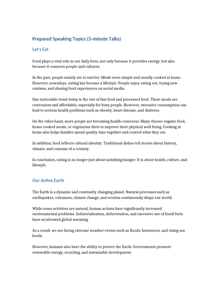 Engaging 5-Minute Speaking Topics | PDF | Eating | Climate Change