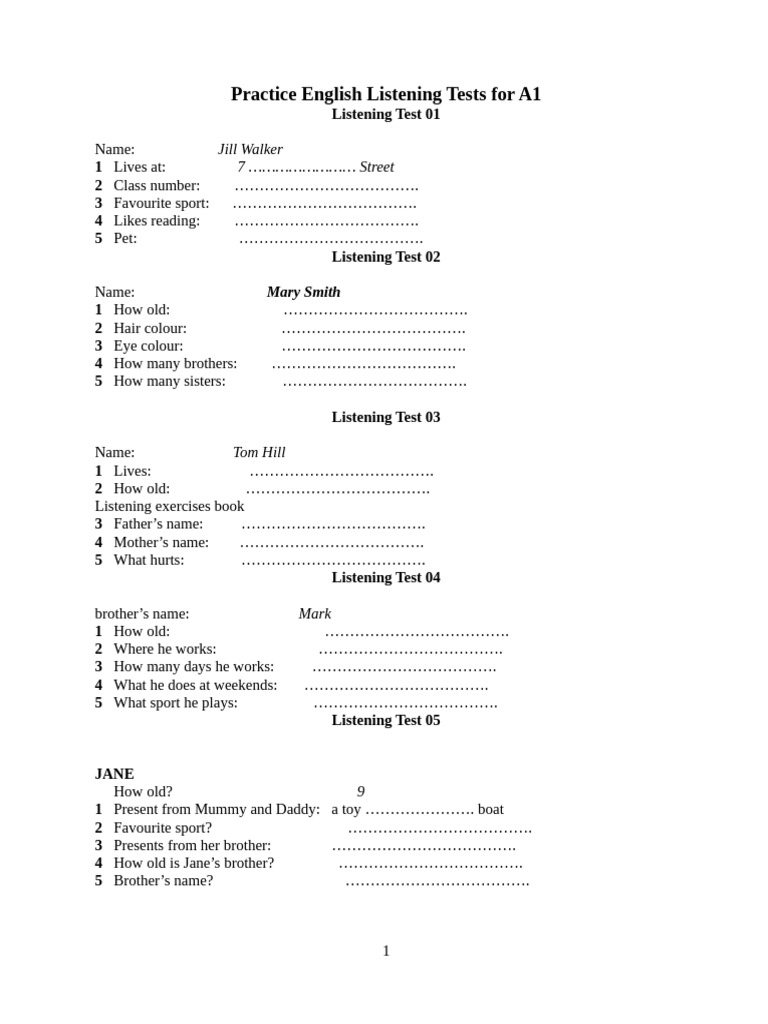 Practice English Listening Tests For A1 | PDF