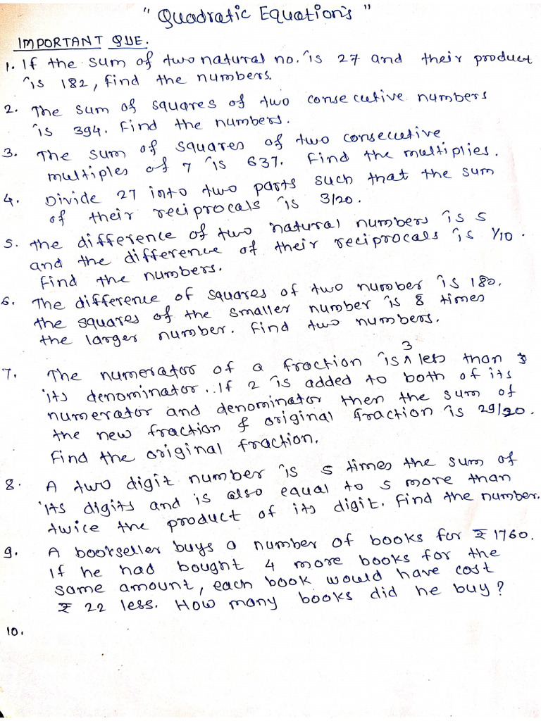 Quadratic Equations All Important Questions 2025 | PDF