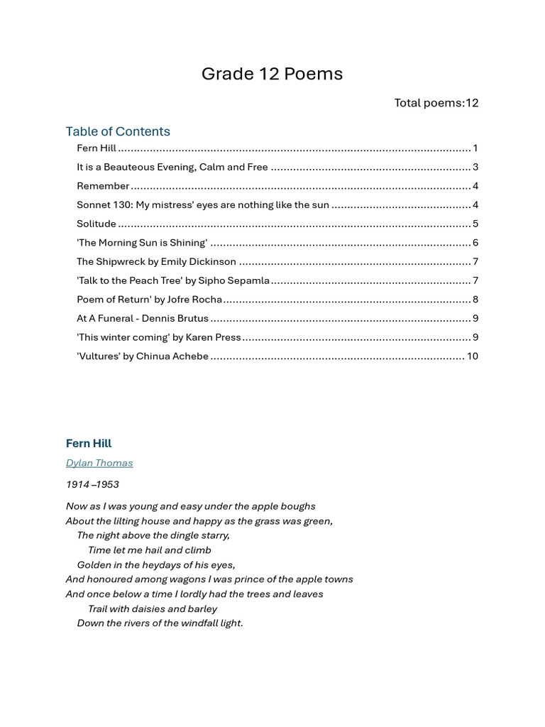 Grade 12 Poetry Anthology Collection | PDF