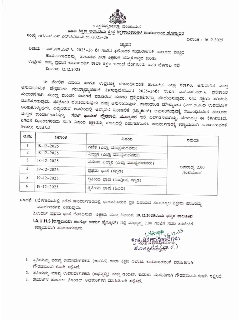 Taluka SSLC Karyagara Order | PDF