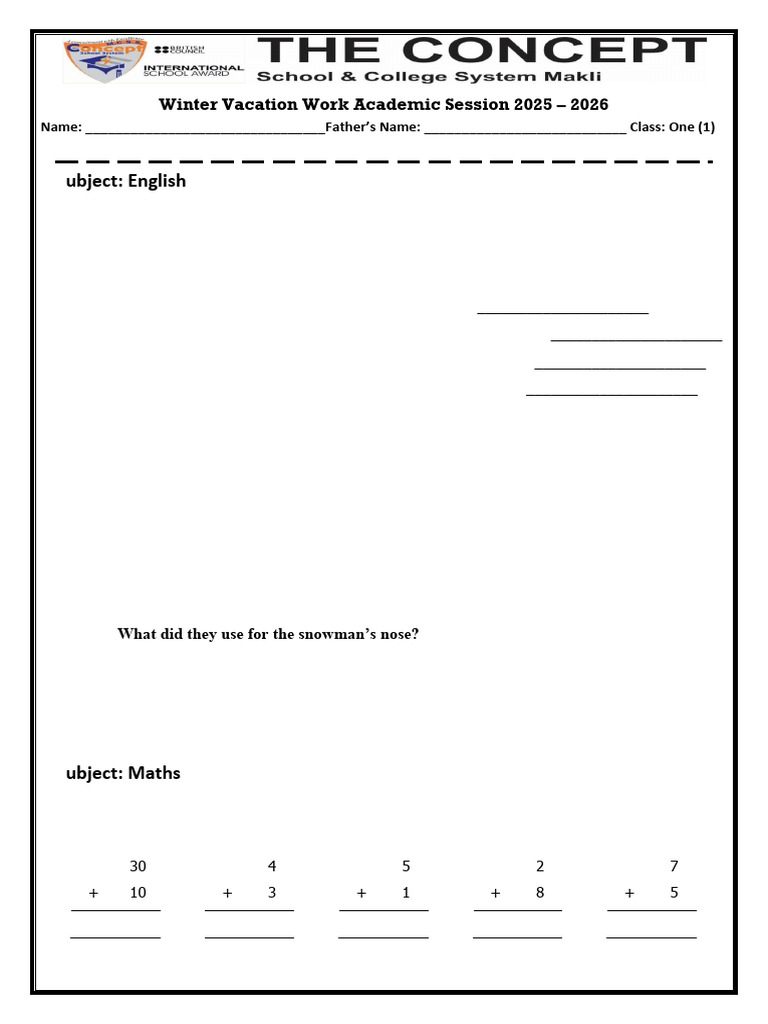 Winter Vacation Work for Class One | PDF