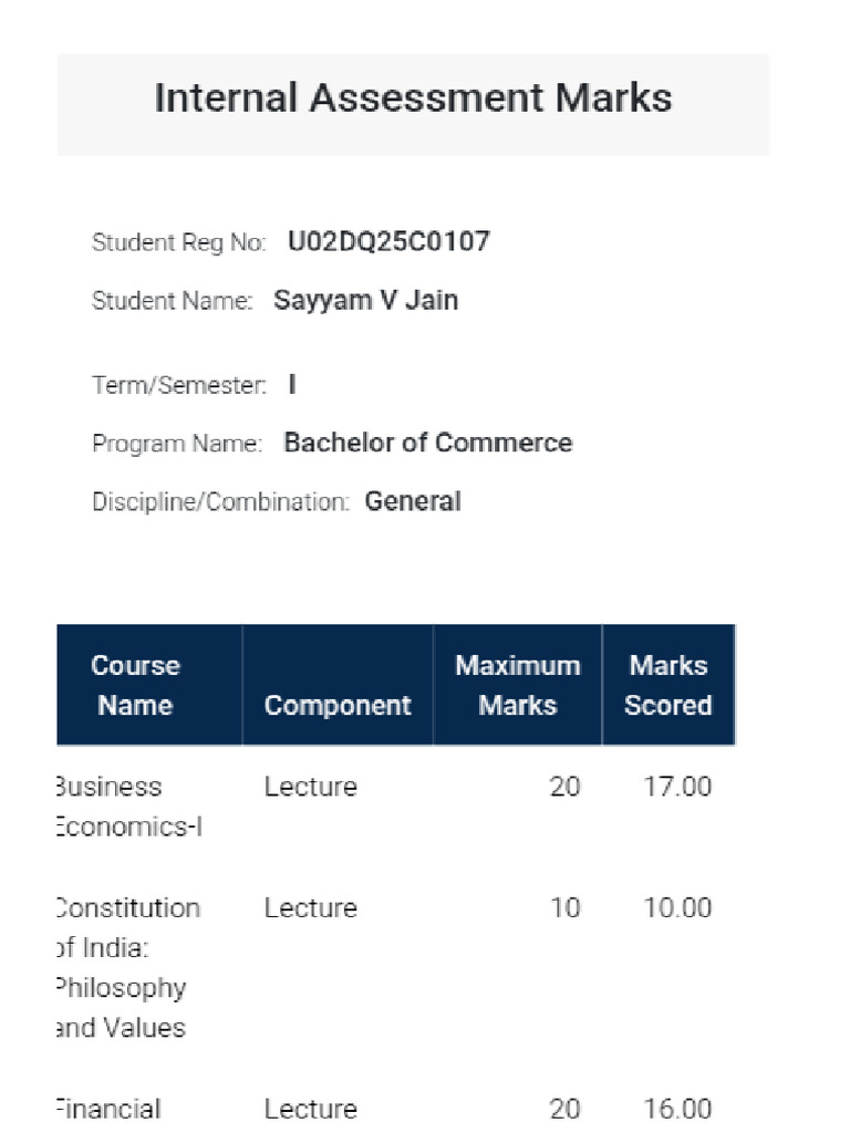 Student Internal Assessment Marks | PDF