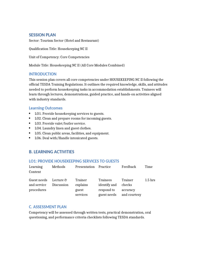 Housekeeping NC II Session Plan Guide | PDF