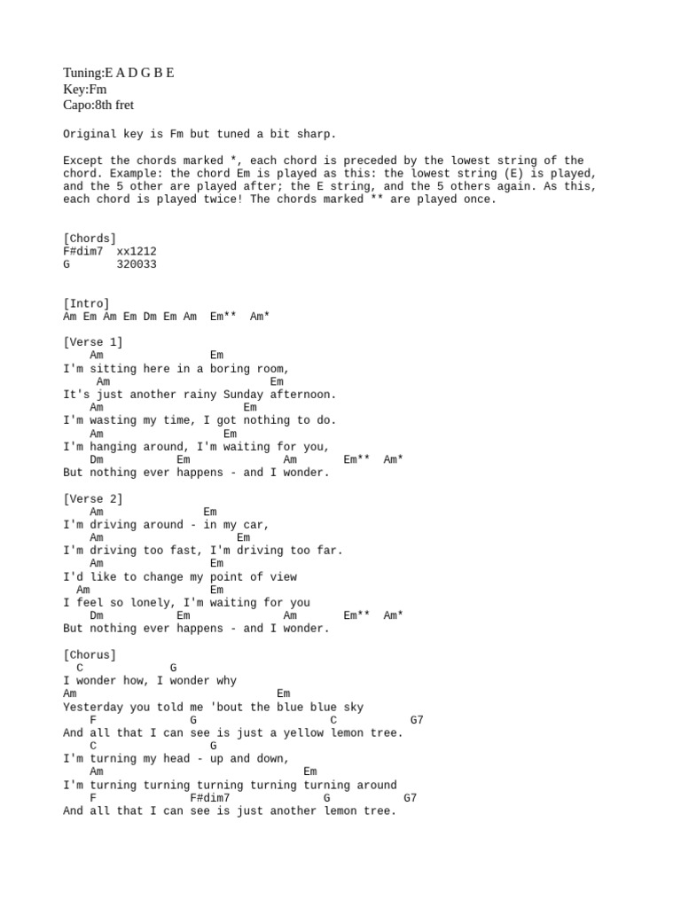 Lemon Tree Chords and Lyrics Guide | PDF | Song Structure | Music Theory