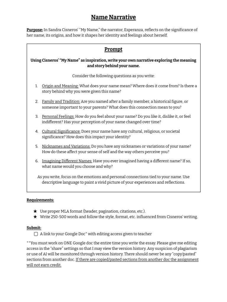 Name Narrative Prompt Sheet - Google Docs | PDF