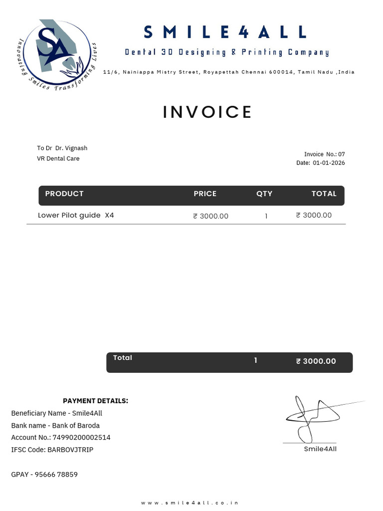 Invoice for Dental Services - Smile4All | PDF