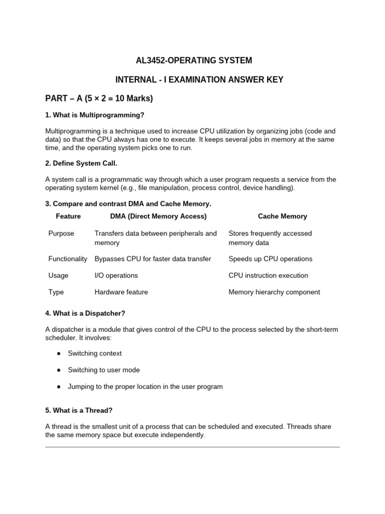 Operating System Exam Answer Key | PDF | Kernel (Operating System ...