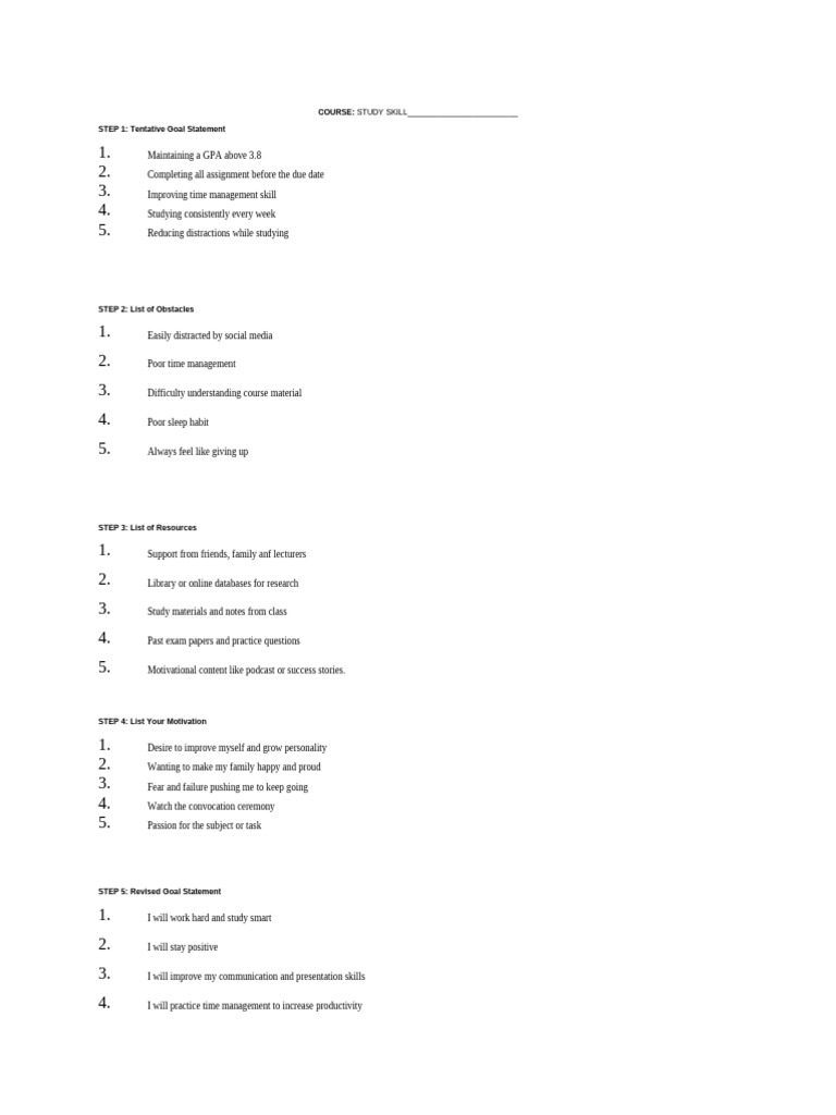 Five Step Approach to Setting Goals Form | PDF
