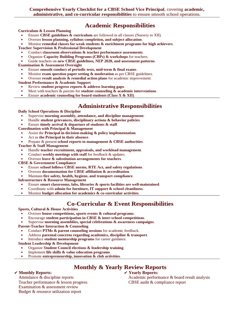 Comprehensive Yearly Checklist For A CBSE School Vice Principal | PDF ...