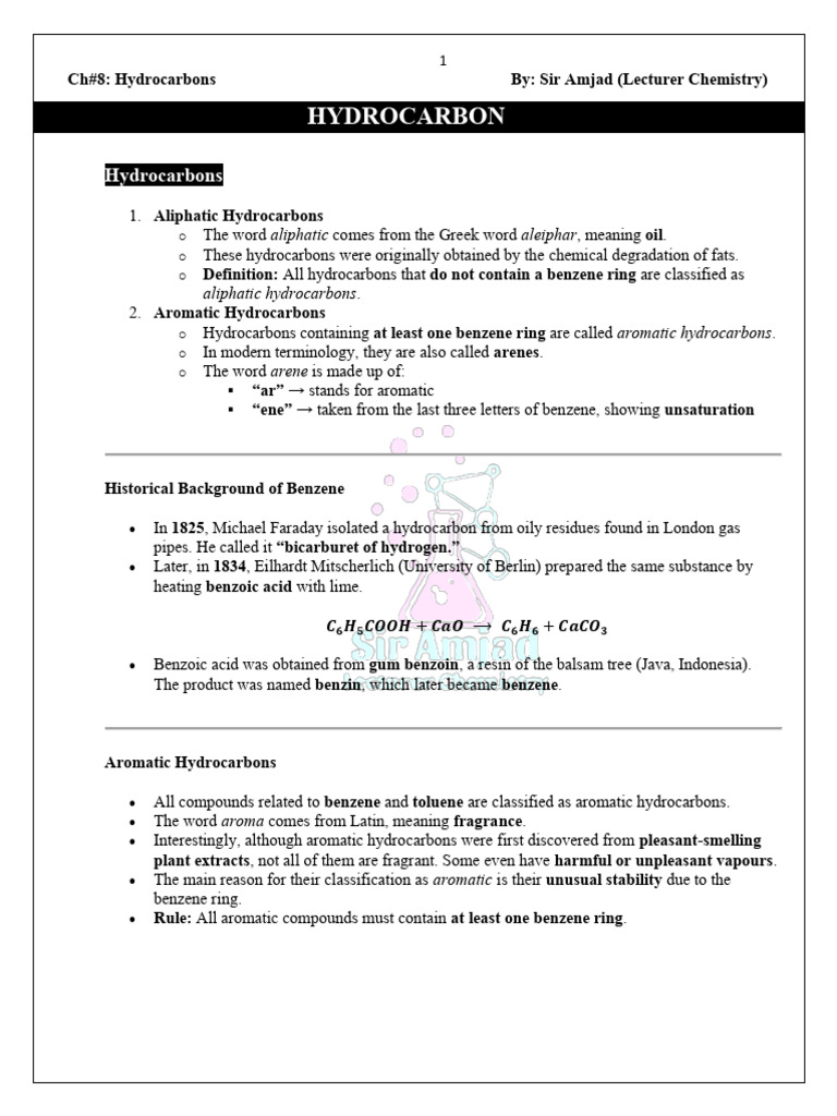 Chapter#8(Hydrocarbons) topics | PDF | Chemical Reactions | Benzene