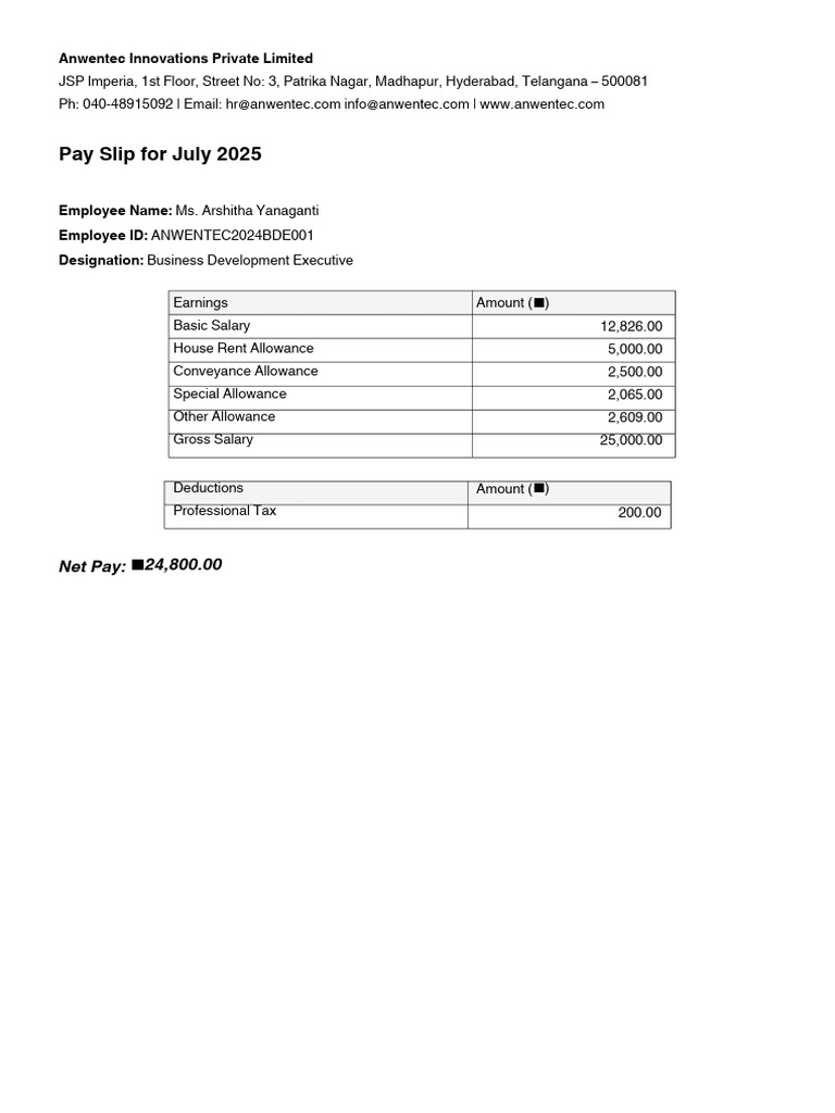 Anwentec Payslip July 2025 PDF | PDF