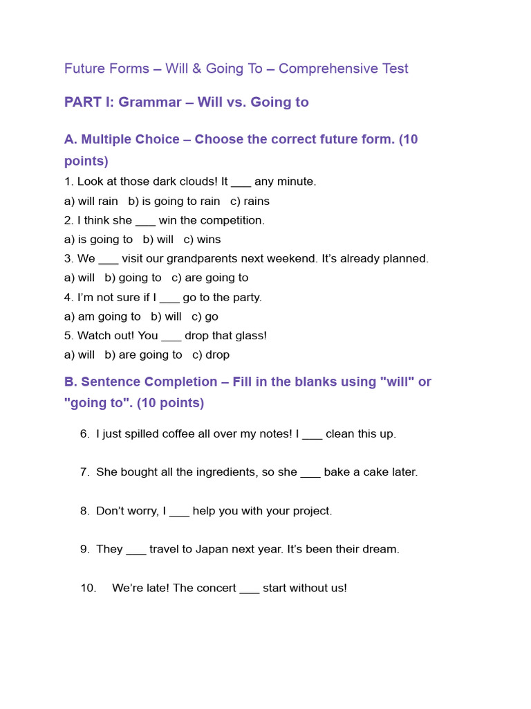 Test Future Will and Going To | PDF