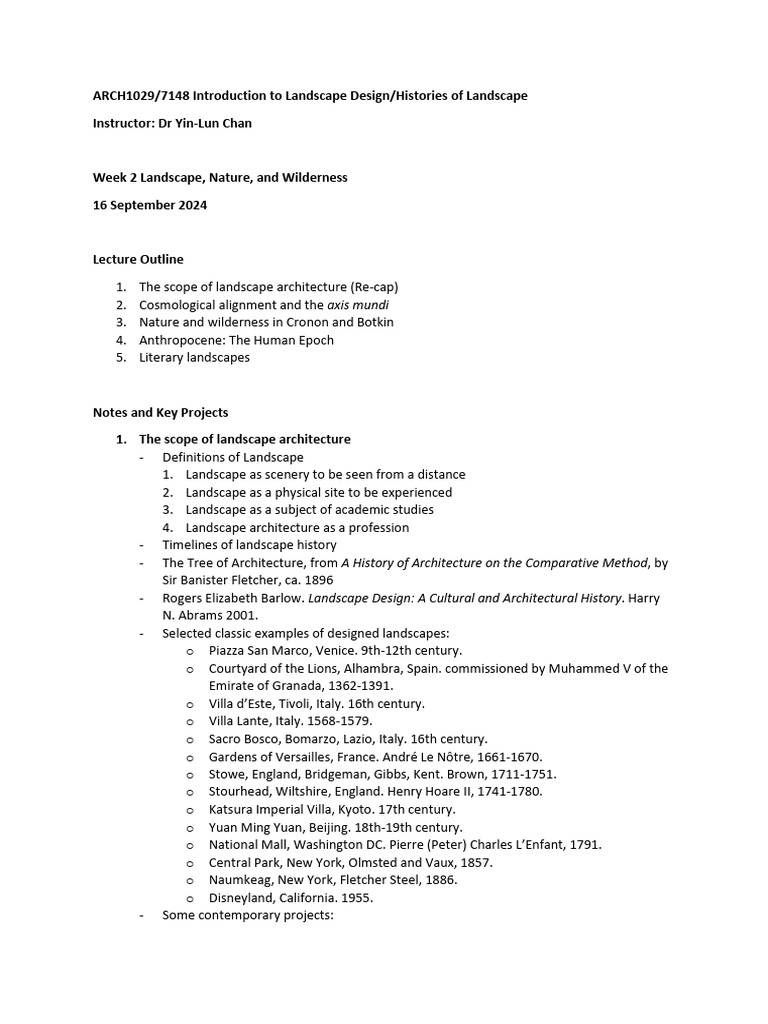ARCH1029 7148 Lecture 2 Notes Landscape Nature Wilderness 20240916 ...