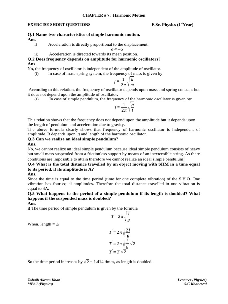 Harmonic Motion: Key Concepts & Questions | PDF | Oscillation | Pendulum