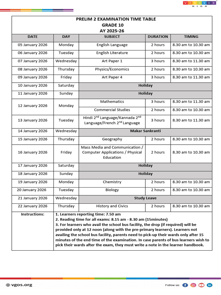 Grade 10 Prelim Exam Timetable 2025-26 | PDF