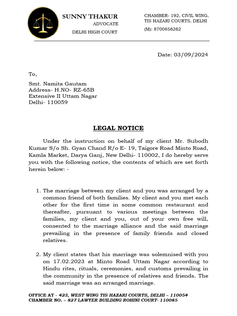 Legal Notice for Marriage Dispute | PDF | Social Institutions