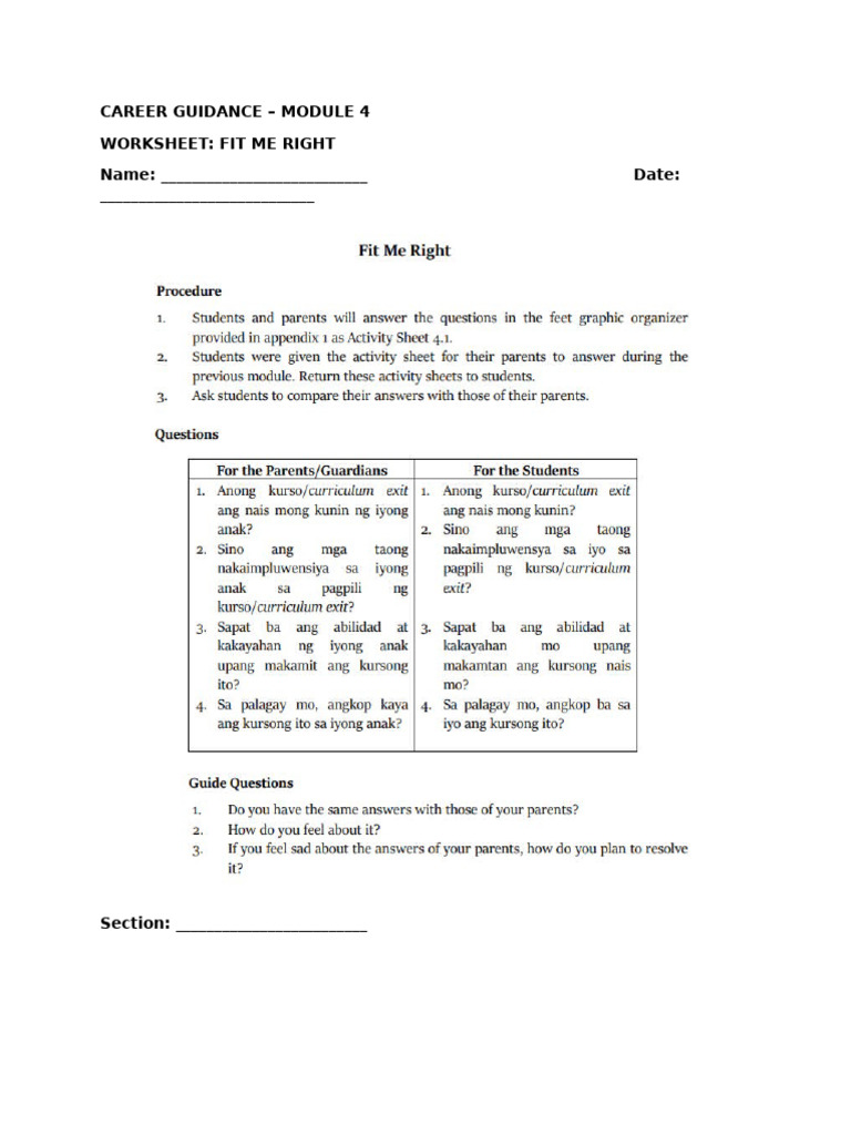 Career Guidance Module 4 Worksheet | PDF
