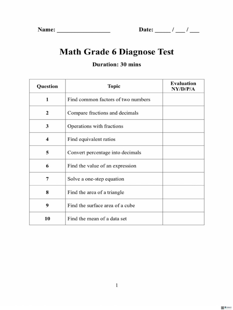 Math Grade 6 Diagnose Test - 20241031 | PDF