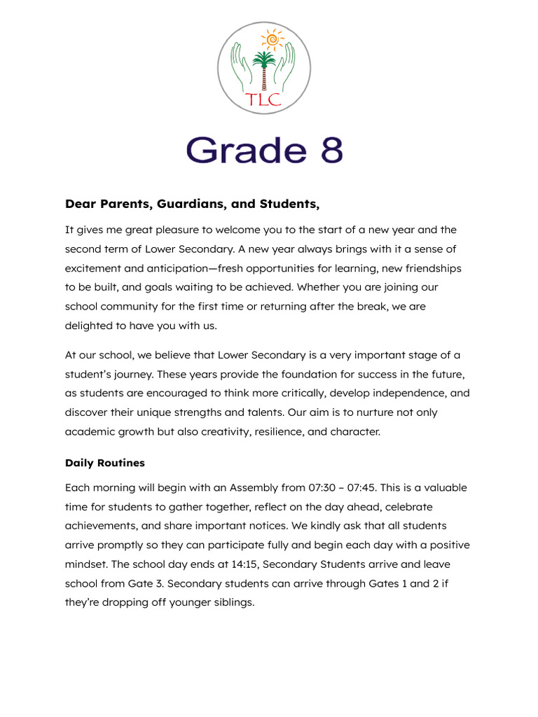 Welcome Letter 2025 - 2026 - Grade 8 - Term 2 | PDF | Educational ...