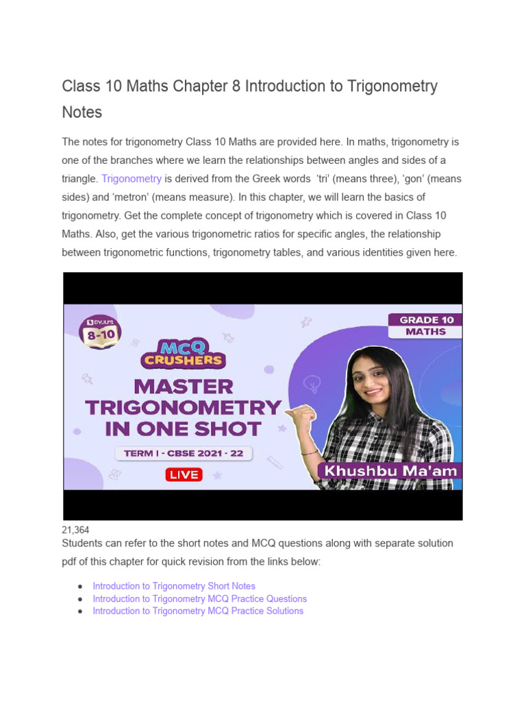 Class 10 Maths Chapter 8 Introduction To Trigonometry Notes | PDF ...