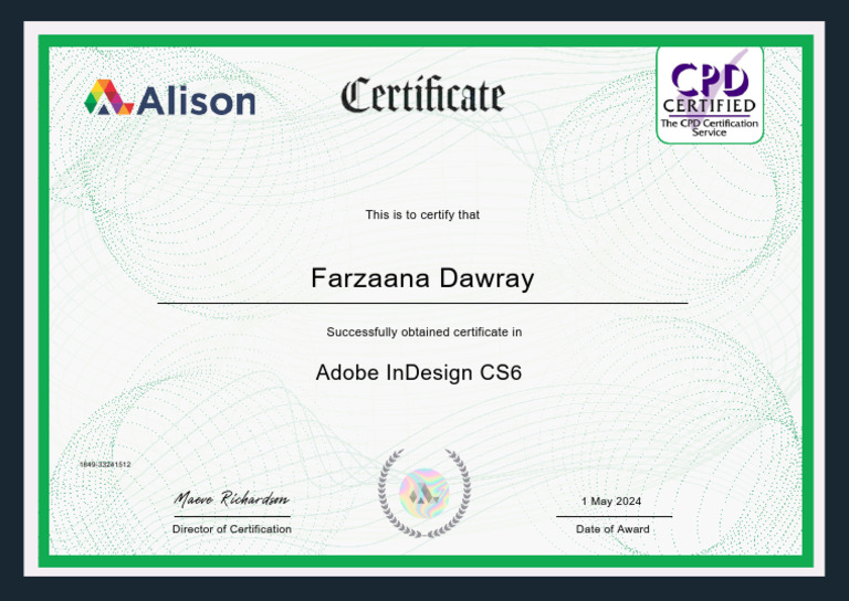 Farzaana Dawray Certificate Adobe InDesign CS6 | PDF