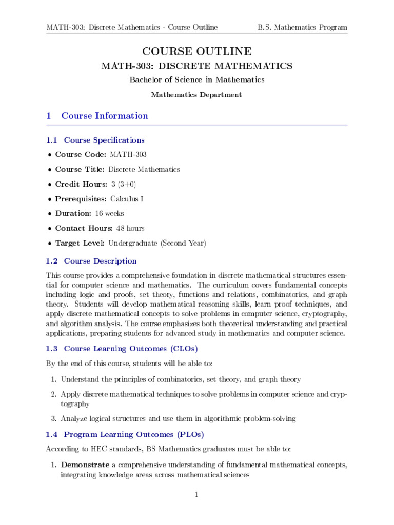 Discrete Mathematics Course Outline | PDF | Discrete Mathematics | Set ...