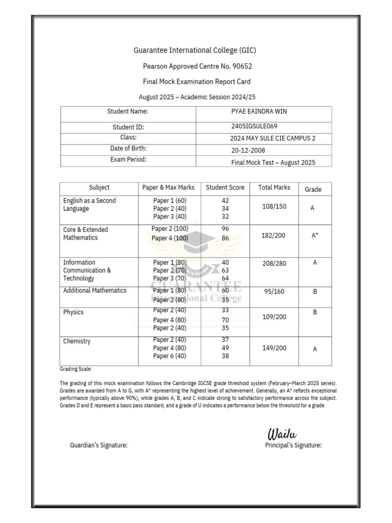 GIC Final Mock Exam Report Card 2025 | PDF | Schools | Educational ...