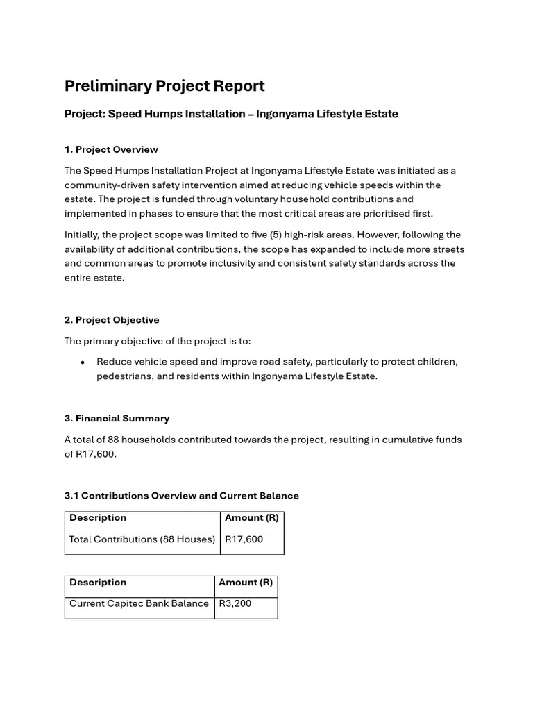Preliminary Project Report - Speed Humps Installation Project | PDF