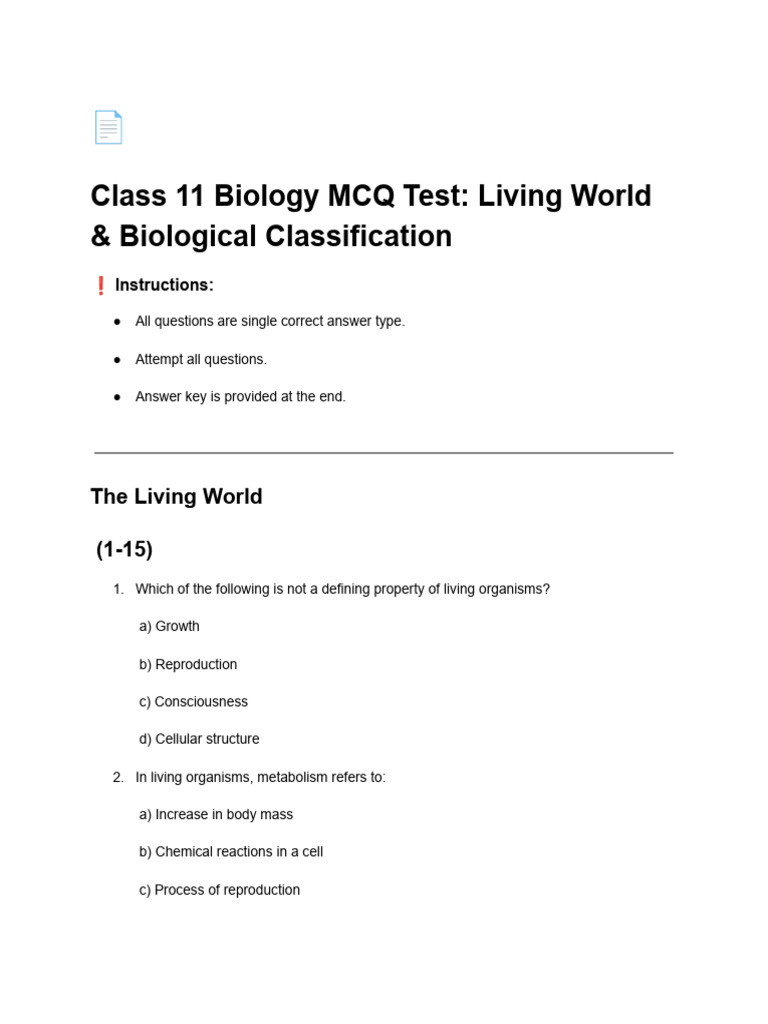 Living World and Bio Classification MCQ | PDF | Cell (Biology ...