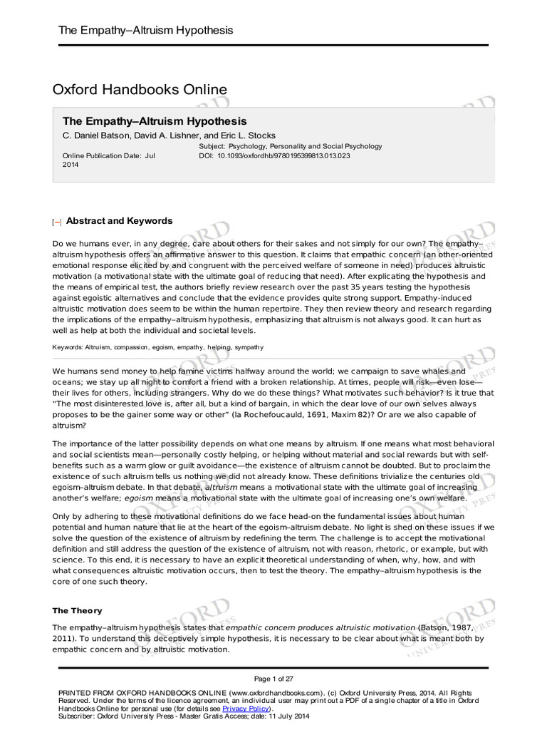 The Empathy-Altruism Hypothesis | PDF | Altruism | Empathy