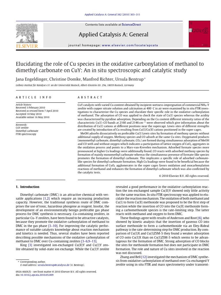 CuY Catalysts for Dimethyl Carbonate Synthesis | PDF | Adsorption ...