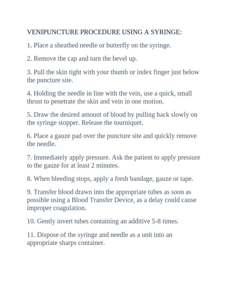 Venipuncture Procedure Using a Syringe | PDF