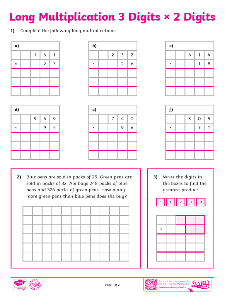 Long multiplication practice 3 digits x 2 digits (2) | PDF ...