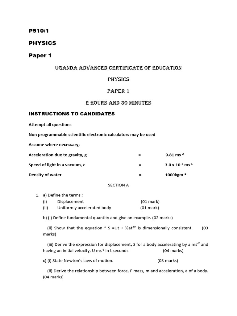 Uganda A-Level Physics Paper 1 Exam | PDF | Thermometer | Temperature
