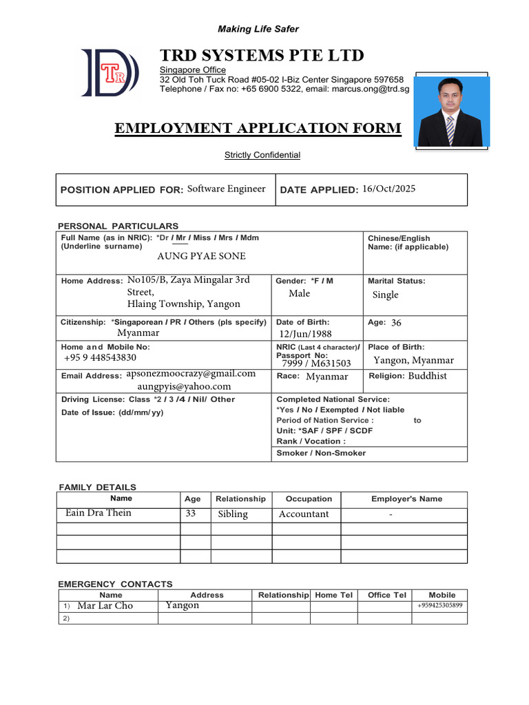 Aung Pyae Sone(Application Form TRD) | PDF