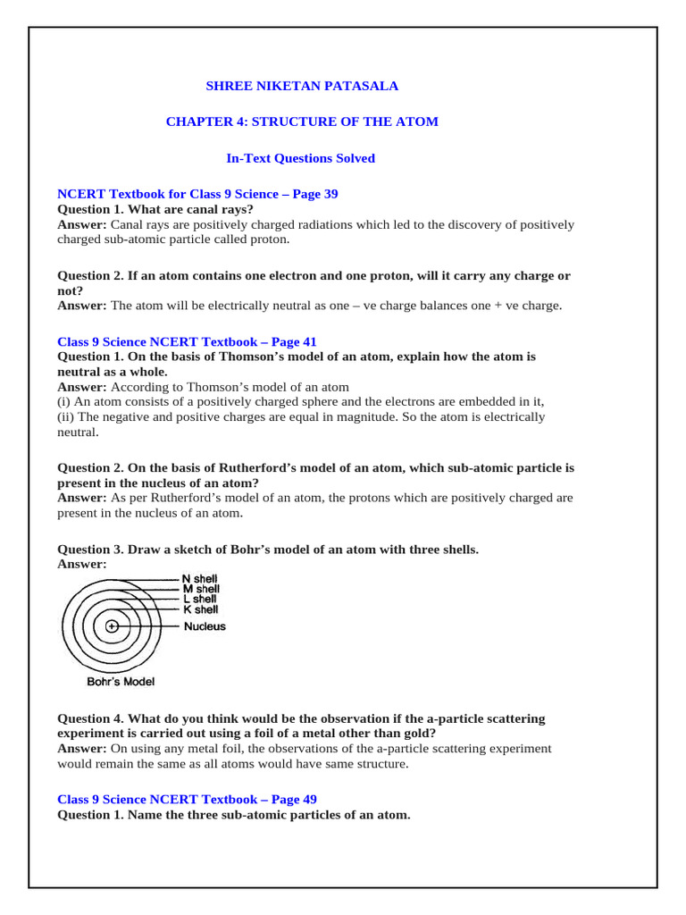 NCERT Class 9 Science: Atom Structure FAQs | PDF | Atoms | Atomic Nucleus
